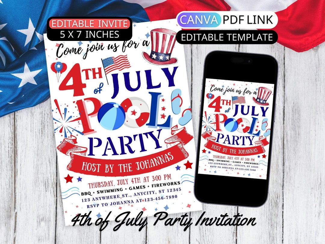 4th of July Pool Party Invitation Template Canva Editable Fourth of ...