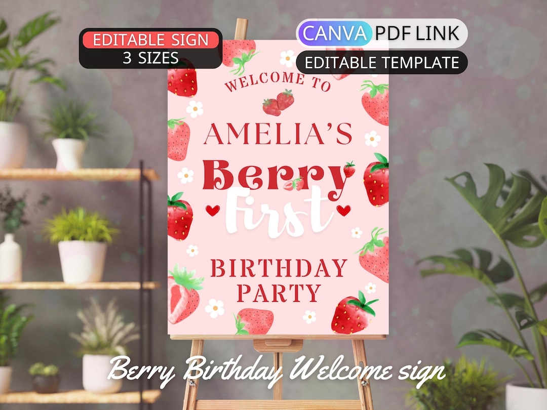 Berry First Birthday Welcome Sign Template Editable Strawberry Birthday ...