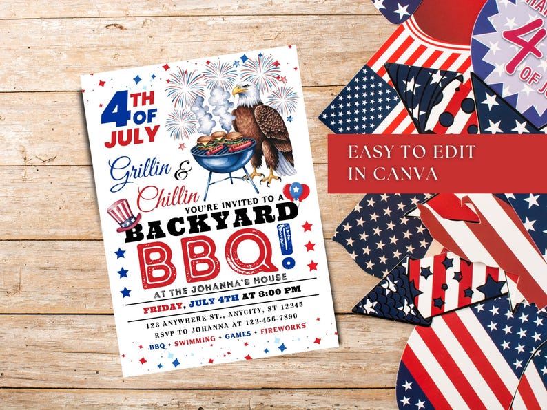 4th of July BBQ Party Invitation Template Canva Editable Fourth of July ...