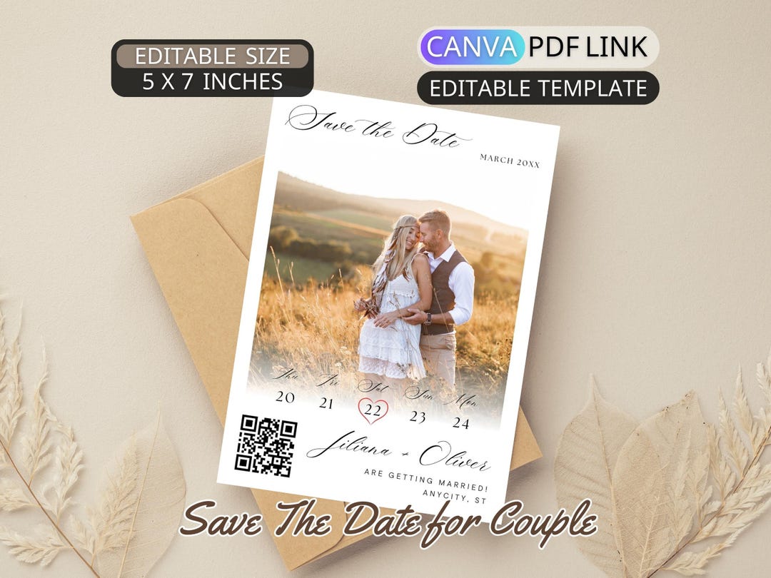 Modern Wedding Save the Date Photo Template Canva Minimalist Save the ...