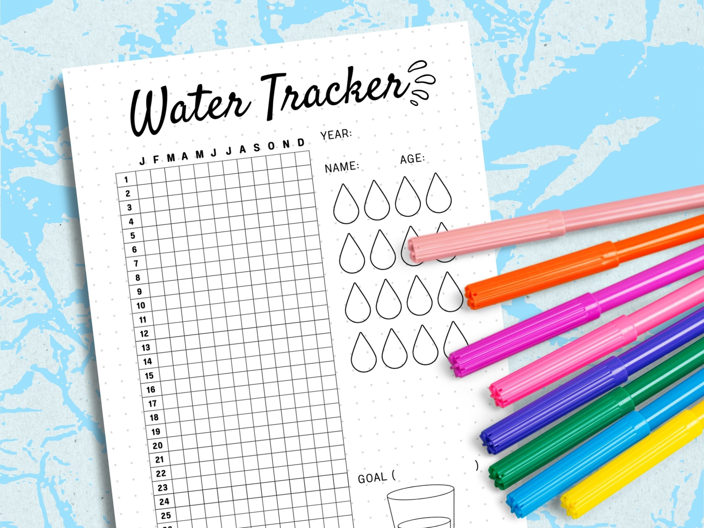 Water Tracker Yearly Printable Health Habit Tracker Hydration Drinking ...
