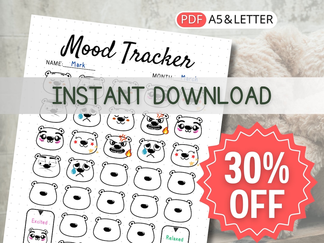 Digital Bear Mood Tracker Printable Cute Animal Face Emotion Journal ...