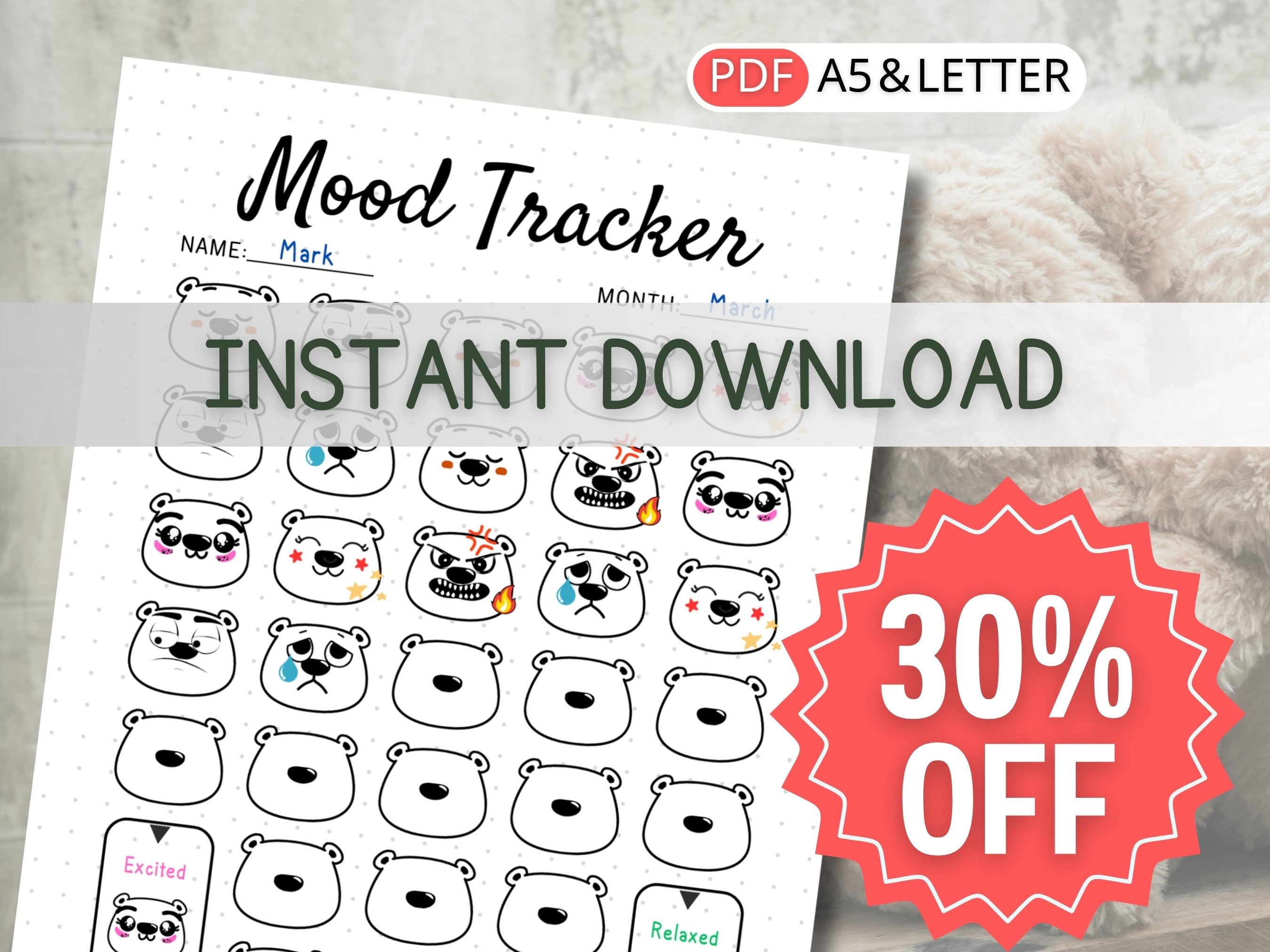 Digital Bear Mood Tracker Printable Cute Animal Face Emotion Journal ...