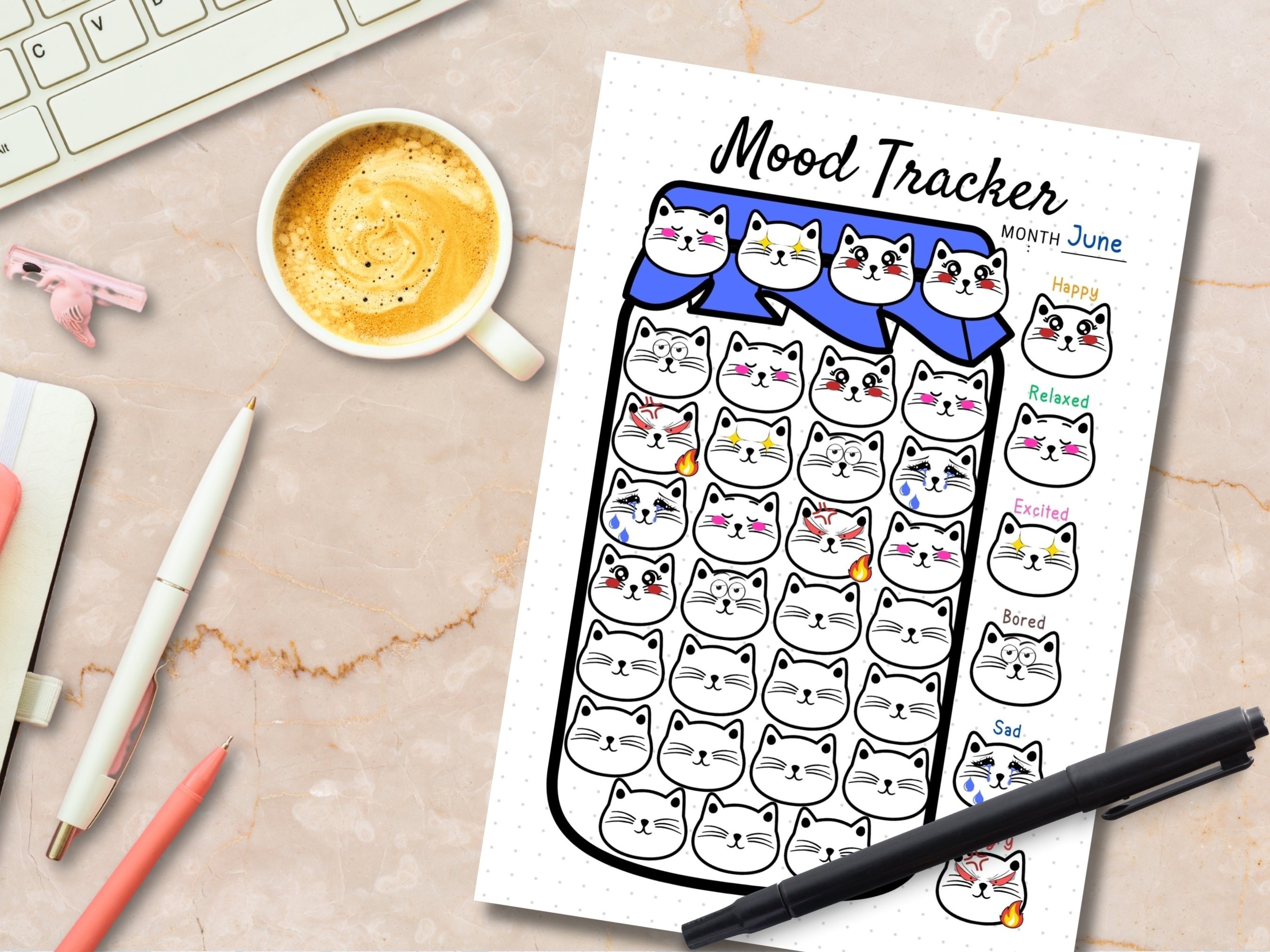 Cute Mood Tracker Printable Habit Tracker Kids With Cat Face Emotion ...