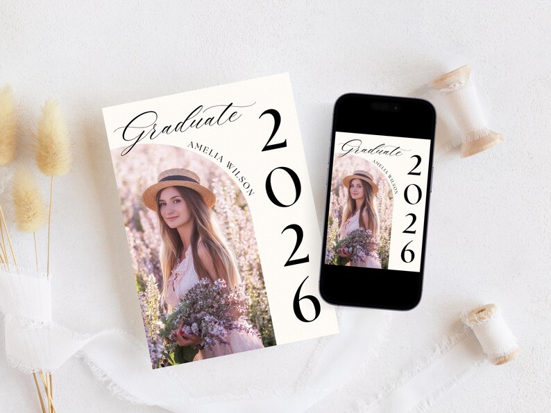 Boho Graduation Announcement Card: Modern Graduation Invitation 2026 ...