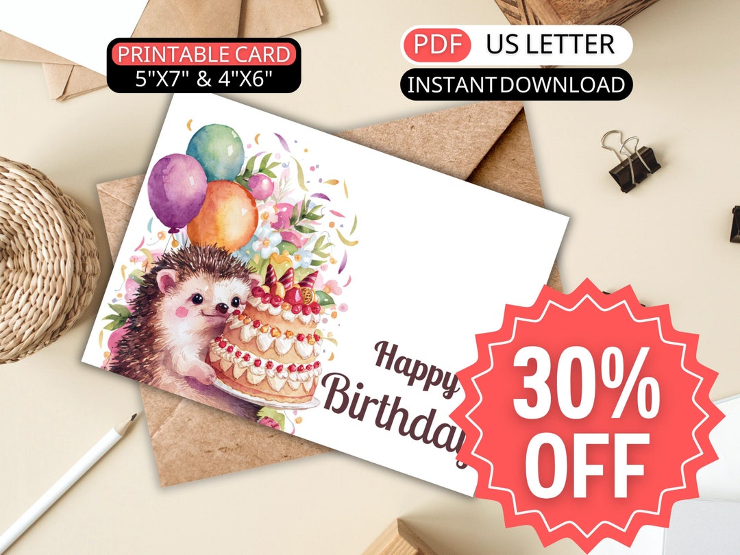 Watercolor Hedgehog Birthday Card for Her: Printable Happy Birthday ...