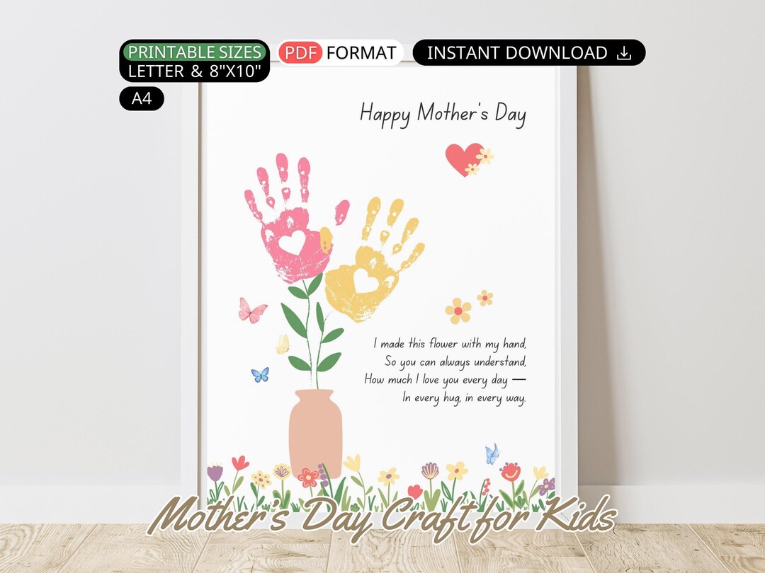 Mothers Day Handprint Flower Craft Printable, DIY Mother's Day Poem ...
