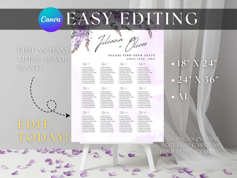 Lavender Floral Wedding Seating Chart Sign Template Purple Wedding ...