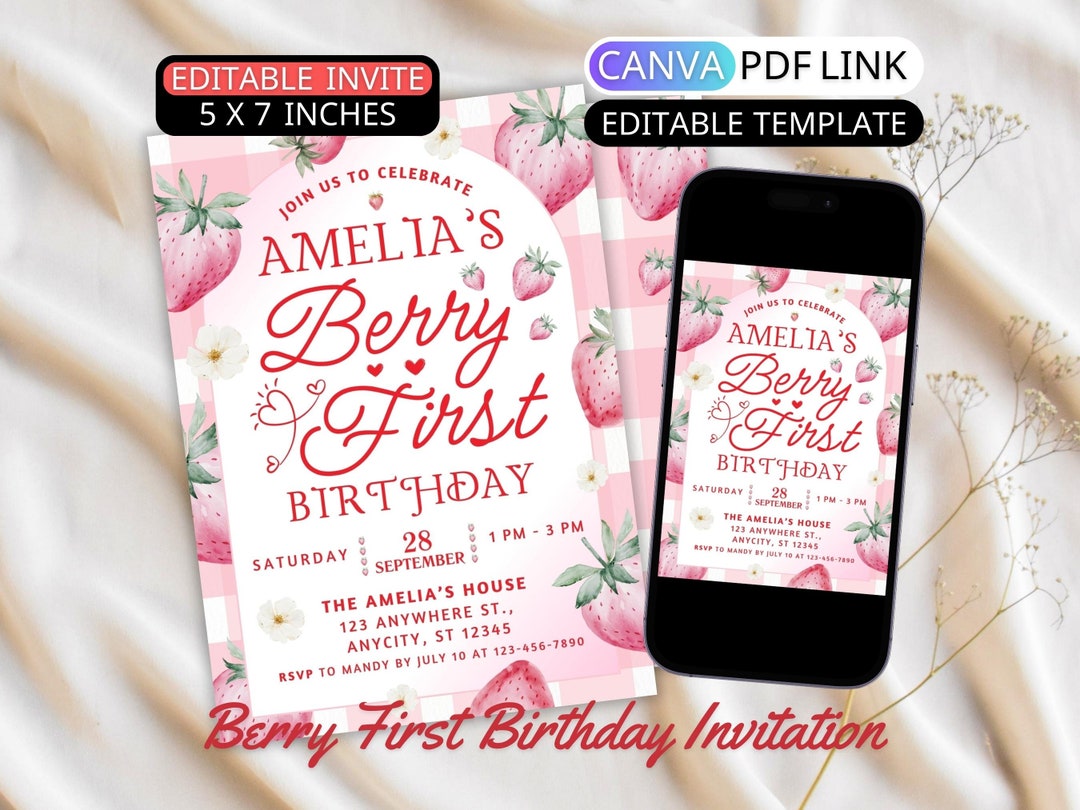 Berry First Birthday Invitation Template Canva Editable Strawberry 1st ...