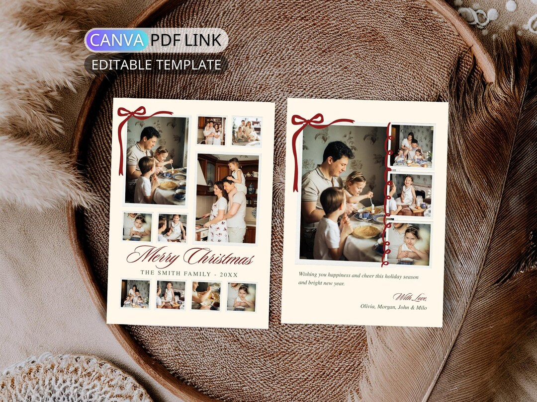 Elegant Bow Christmas Photo Collage Card Template: Preppy Holiday ...