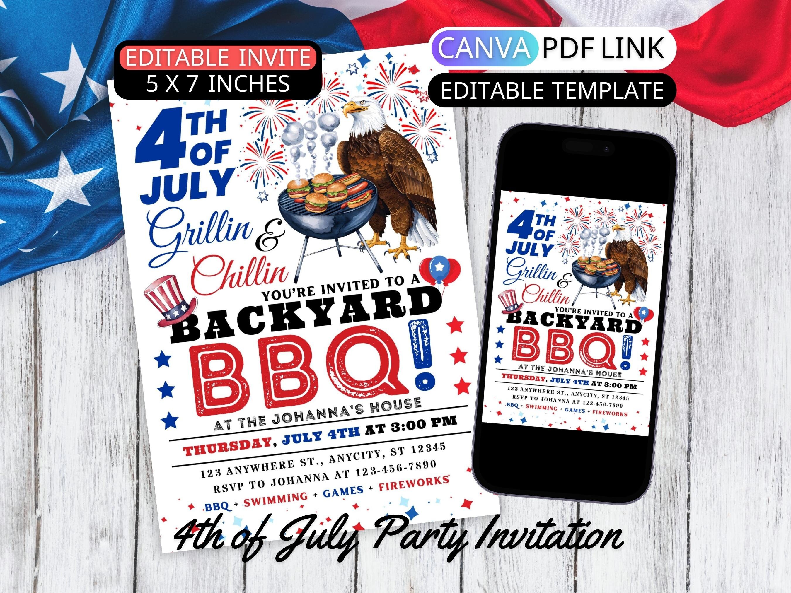 4th of July BBQ Party Invitation Template Canva Editable Fourth of July ...