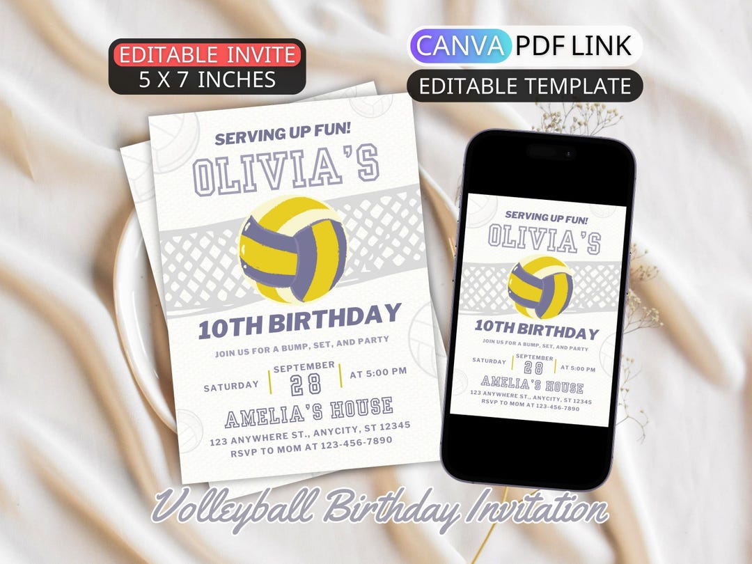 Volleyball Birthday Invitation Template Canva Editable Game on Birthday ...
