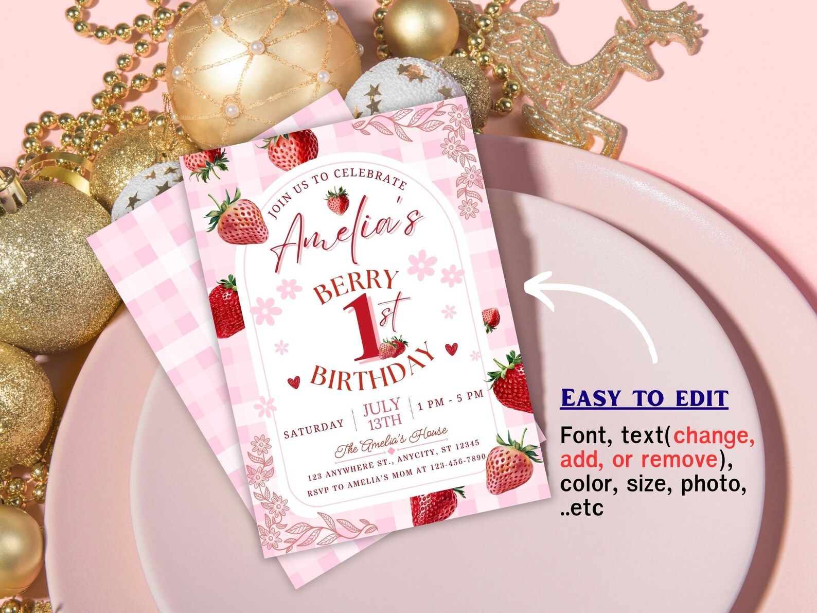 Editable Berry First Birthday Invitation Template Canva Pink Gingham ...