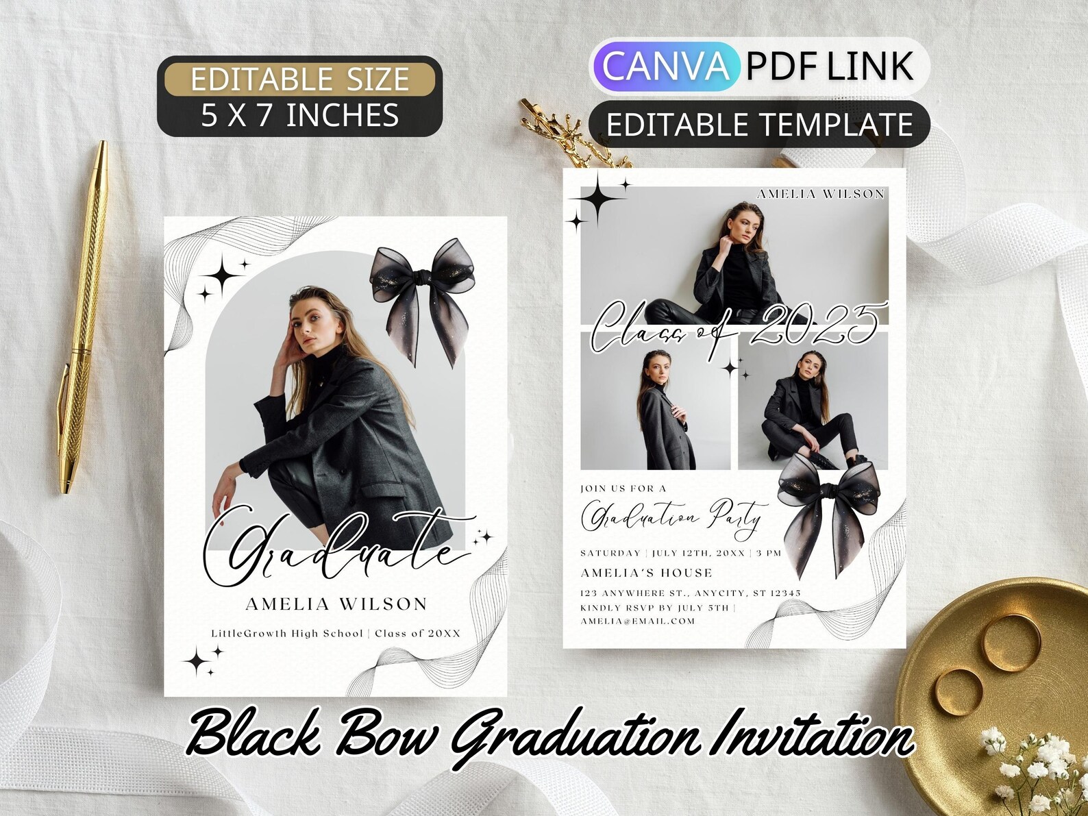 Coquette Black Bow Graduation Invitation Template Modern Photo ...