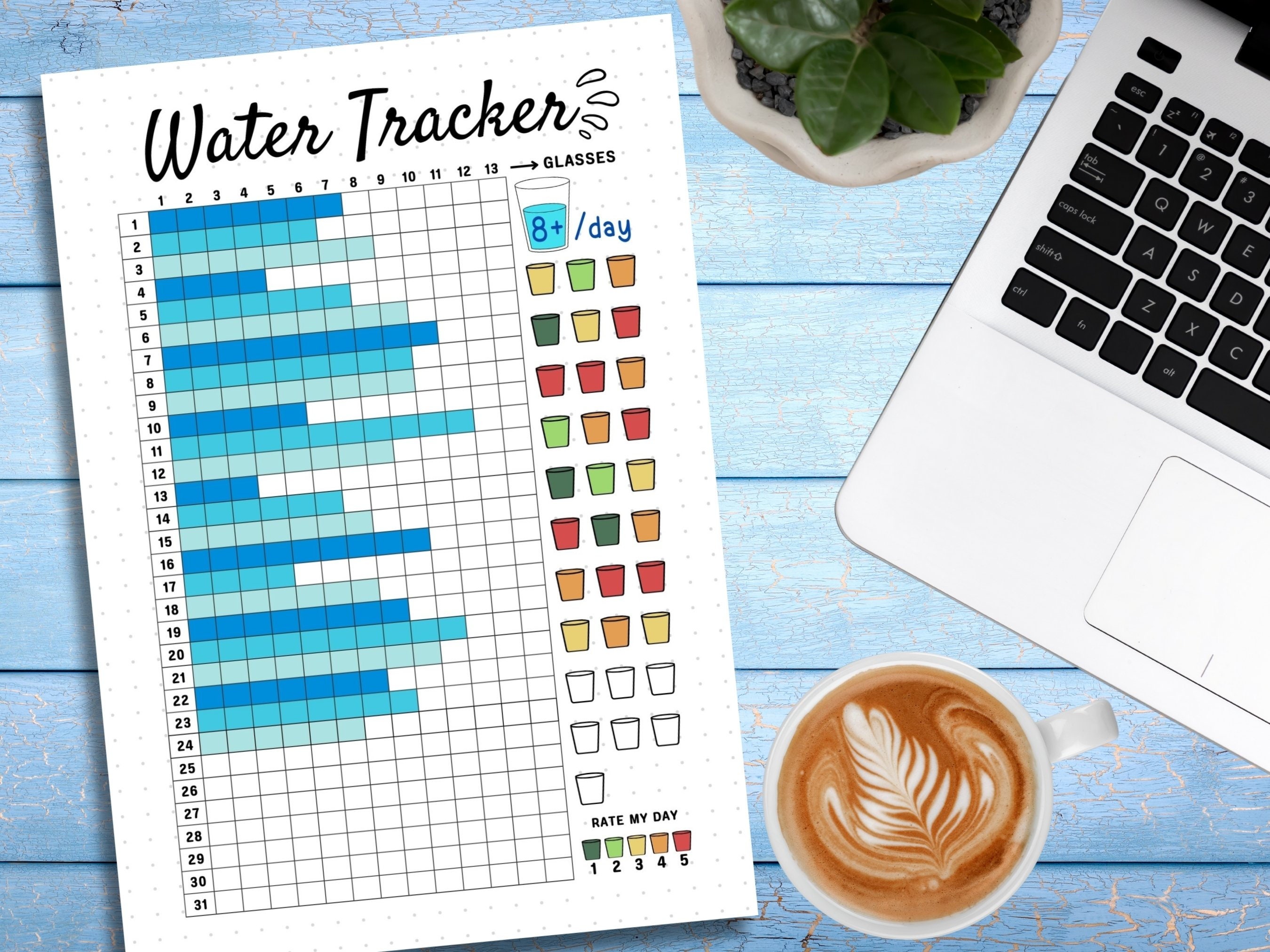 Water Tracker Monthly Printable Health Habit Tracker Hydration Drinking ...