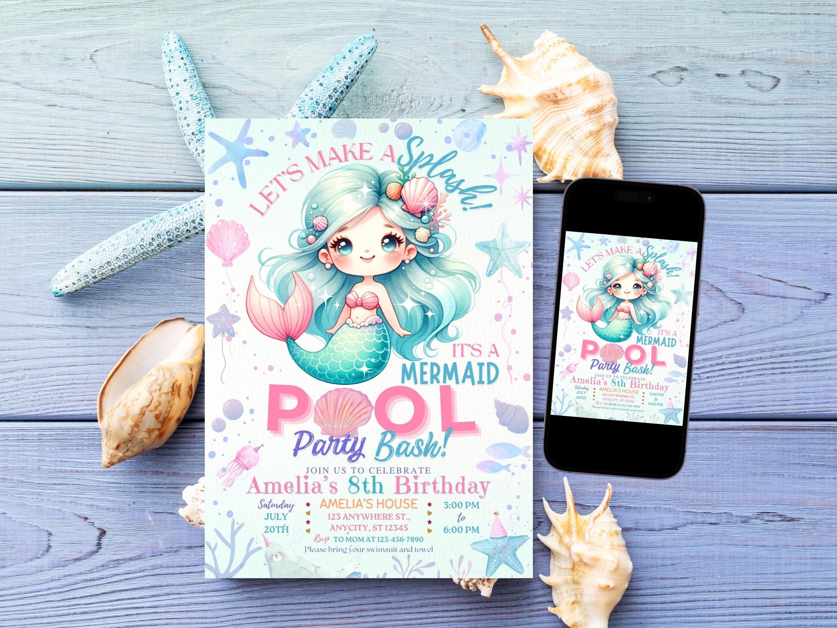 Mermaid Pool Party Birthday Invite Editable Mermaid Birthday Invitation ...