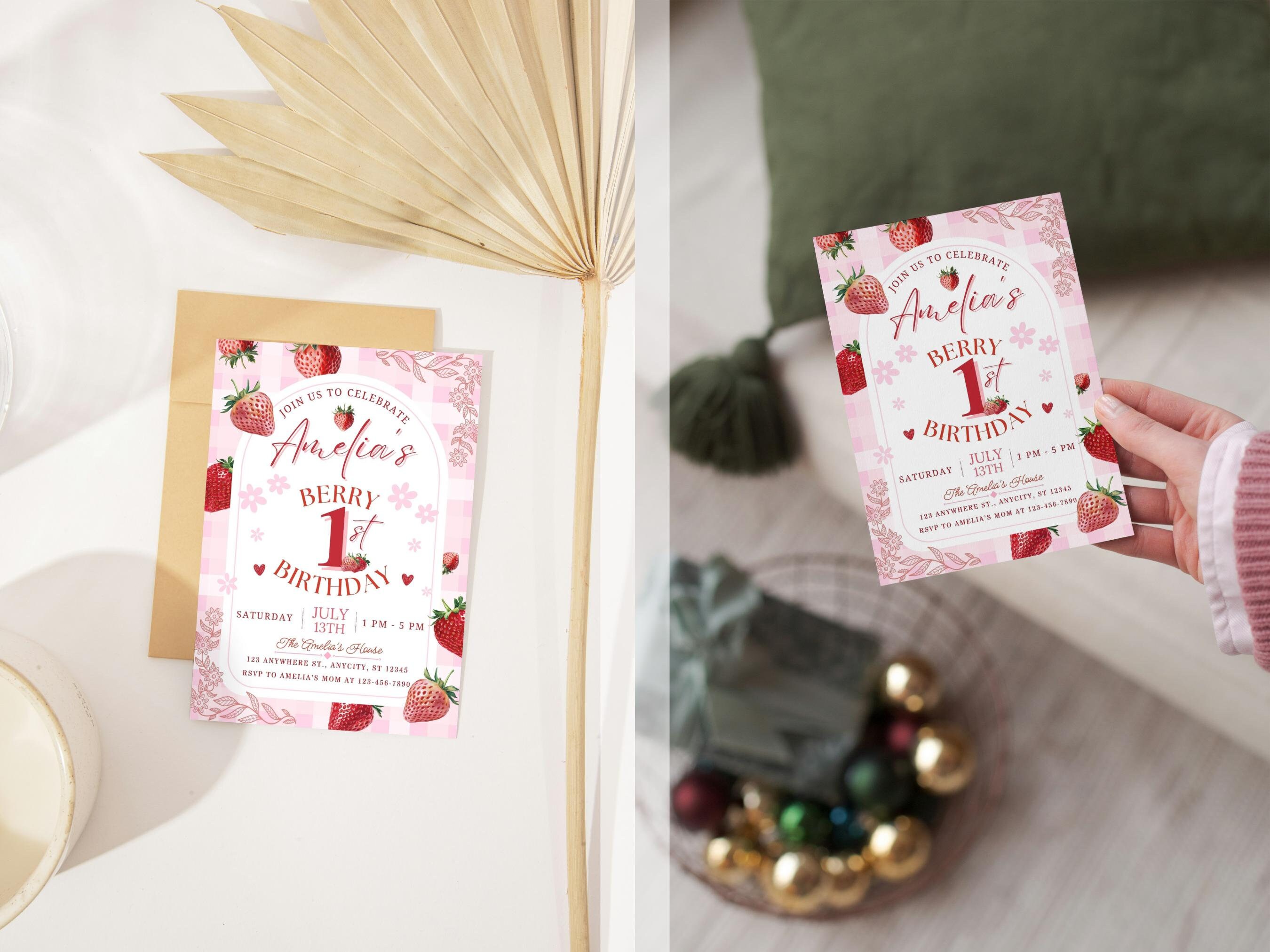 Editable Berry First Birthday Invitation Template Canva Pink Gingham ...