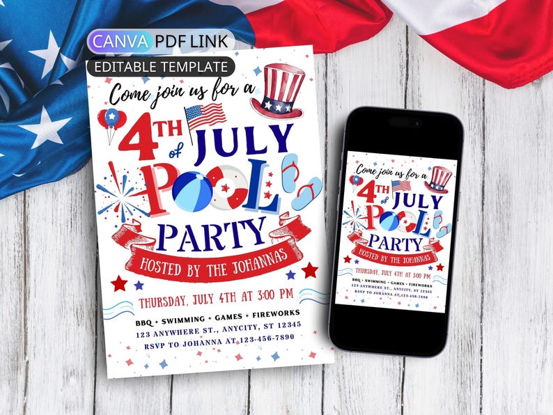 4th of July Pool Party Invitation Template Canva Editable Fourth of ...