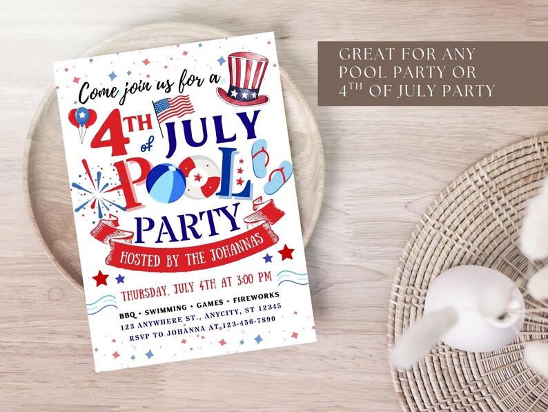 4th of July Pool Party Invitation Template Canva Editable Fourth of ...