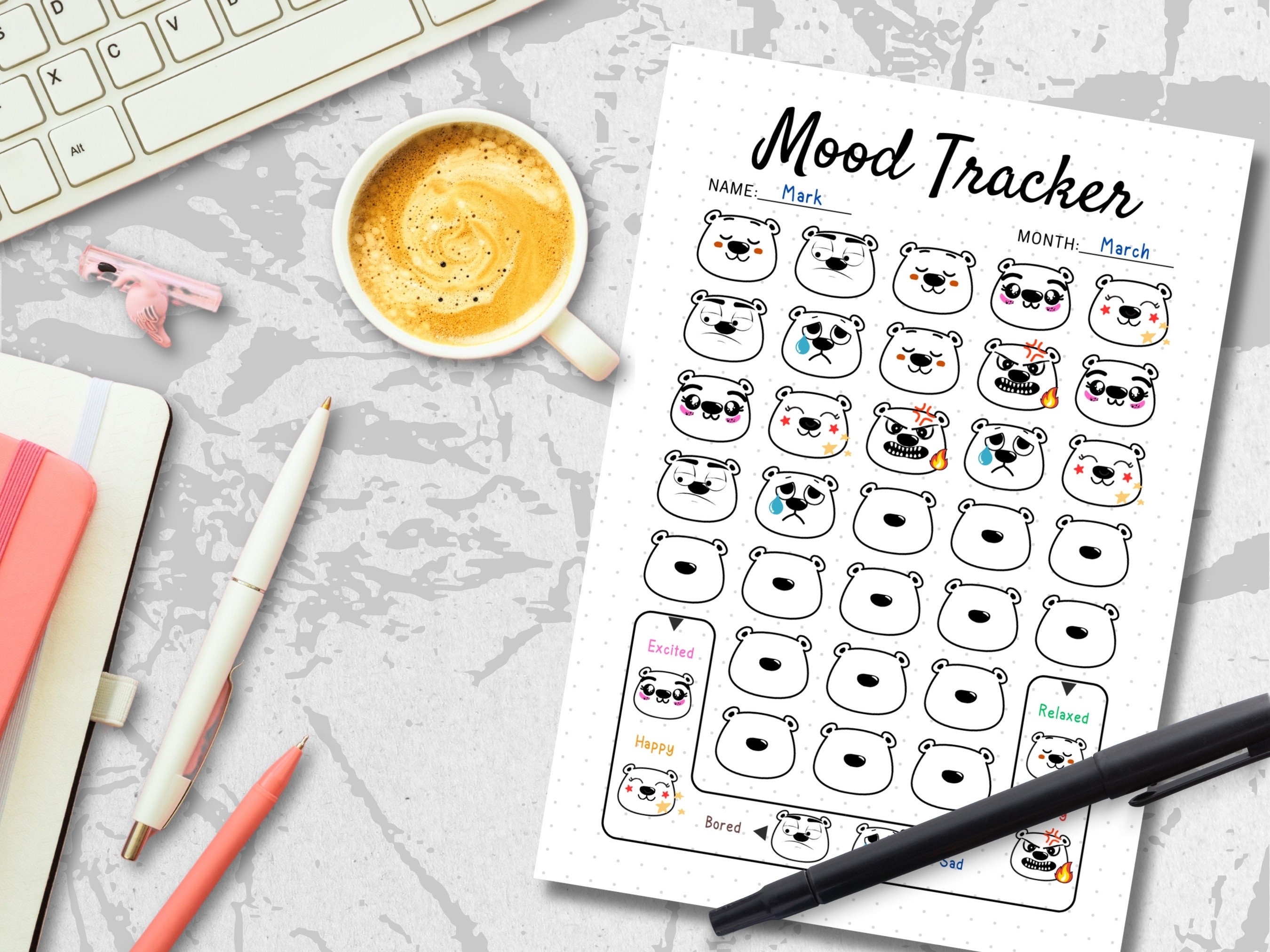 Digital Bear Mood Tracker Printable Cute Animal Face Emotion Journal ...