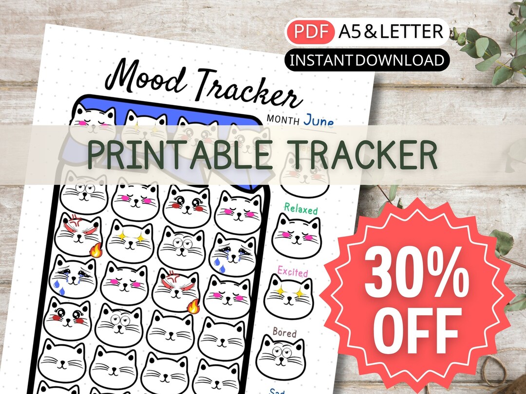 Cute Mood Tracker Printable Habit Tracker Kids With Cat Face Emotion ...