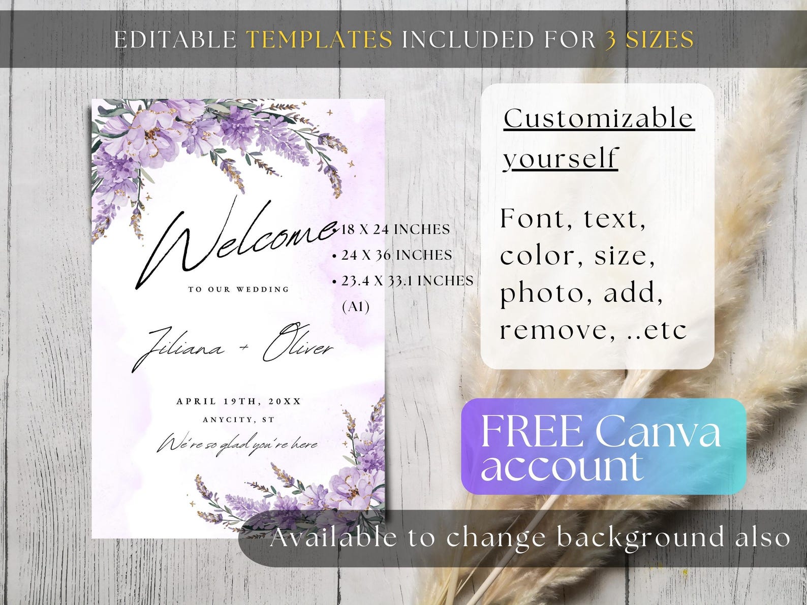 Lavender Floral Wedding Welcome Sign Template Purple Wedding Welcome ...
