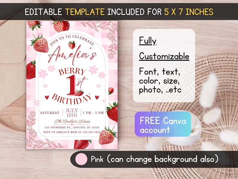 Editable Berry First Birthday Invitation Template Canva Pink Gingham ...