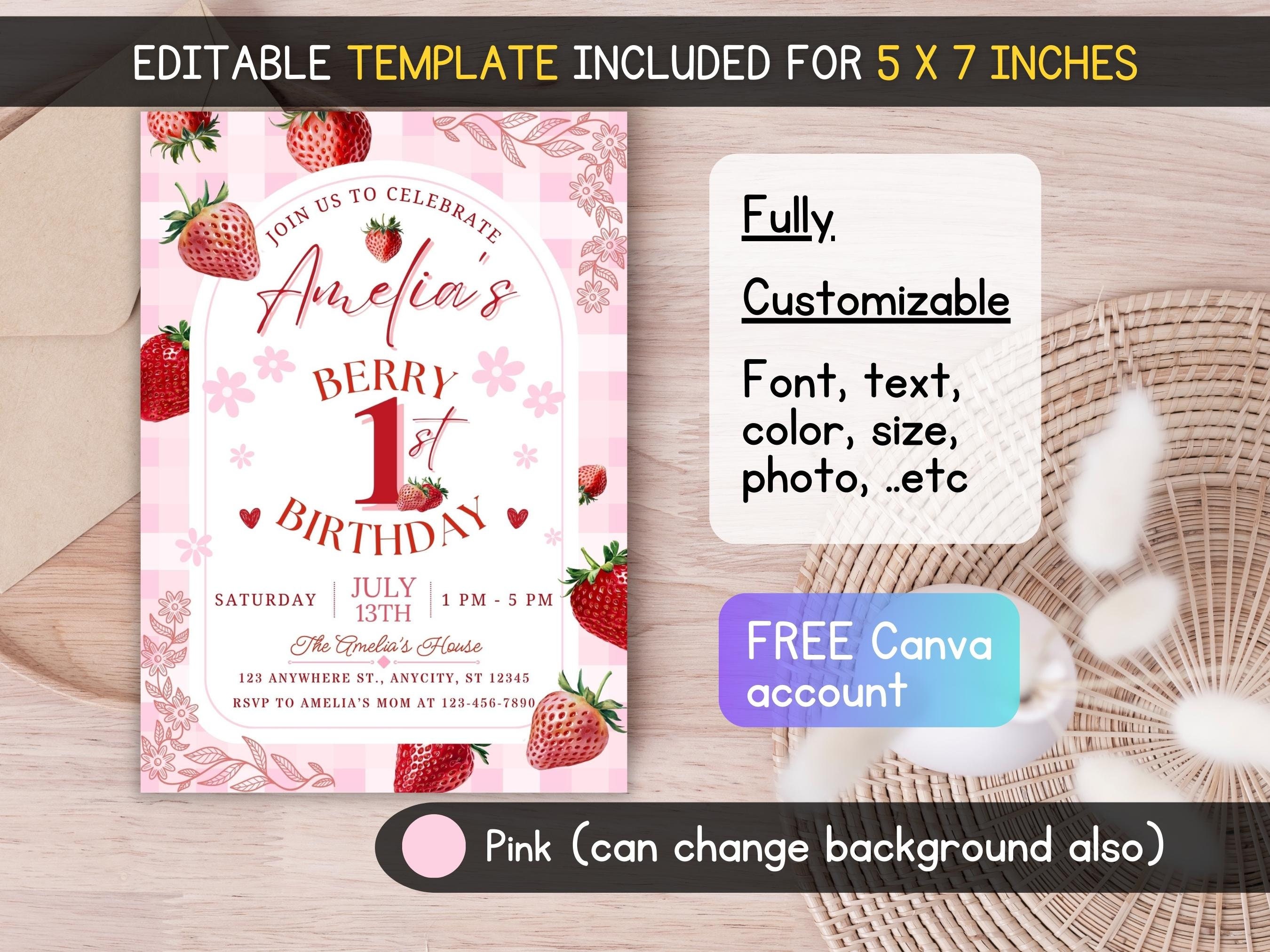 Editable Berry First Birthday Invitation Template Canva Pink Gingham ...