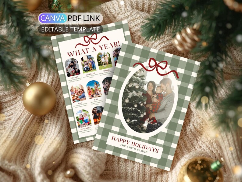 Green Gingham Christmas Photo Card Template: Red Bow Year in Review ...