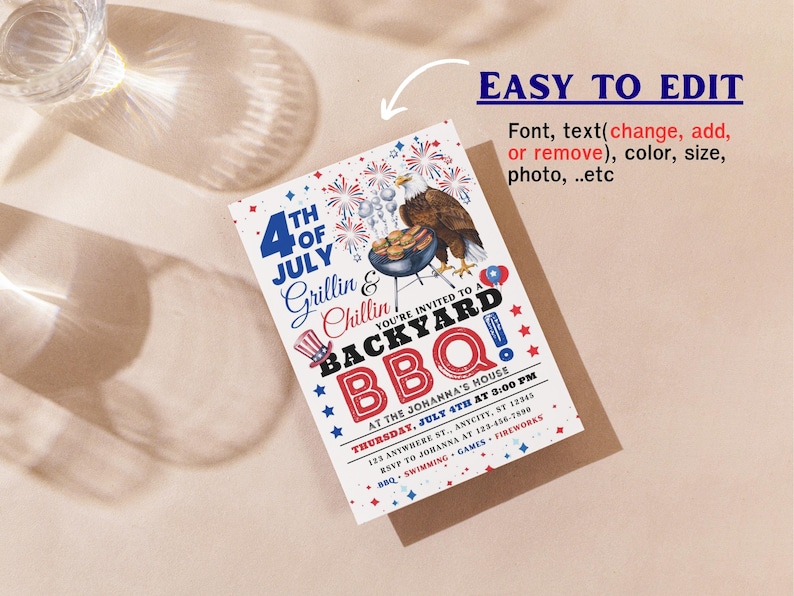 4th of July BBQ Party Invitation Template Canva Editable Fourth of July ...