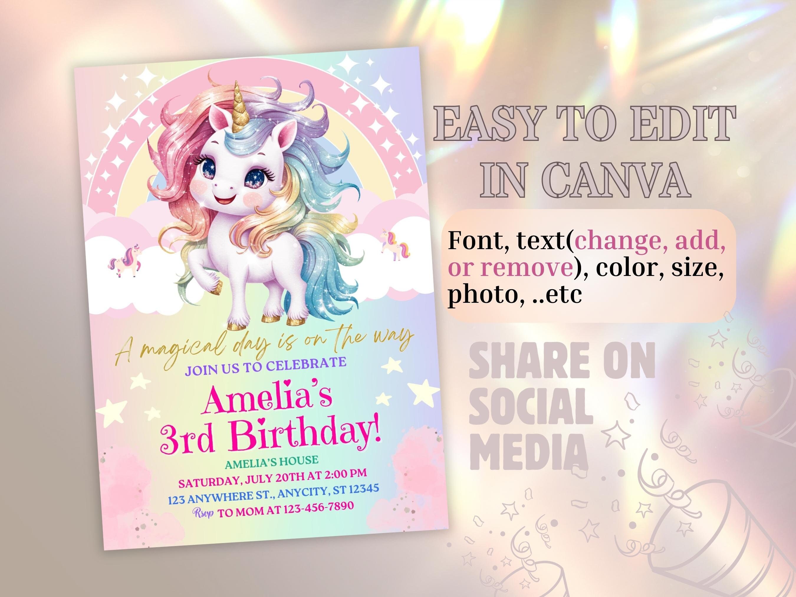 Pastels Rainbow Unicorn Birthday Party Invitation Template Rainbow ...