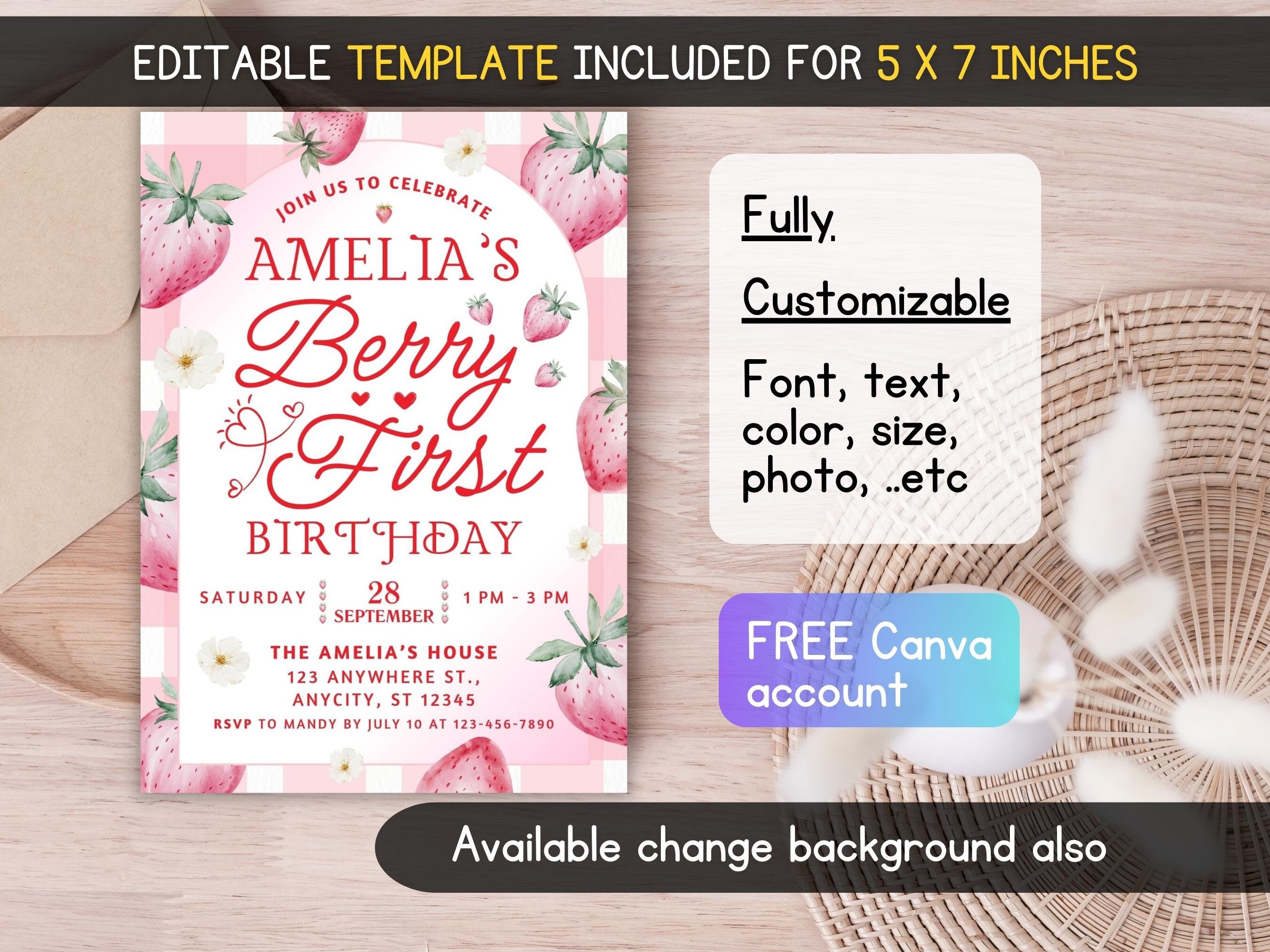 Berry First Birthday Invitation Template Canva Editable Strawberry 1st ...