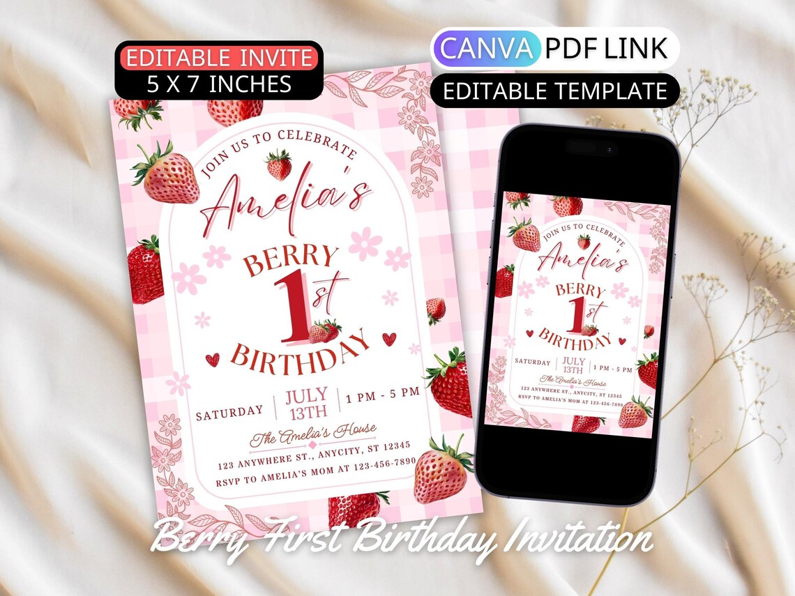 Editable Berry First Birthday Invitation Template Canva Pink Gingham ...
