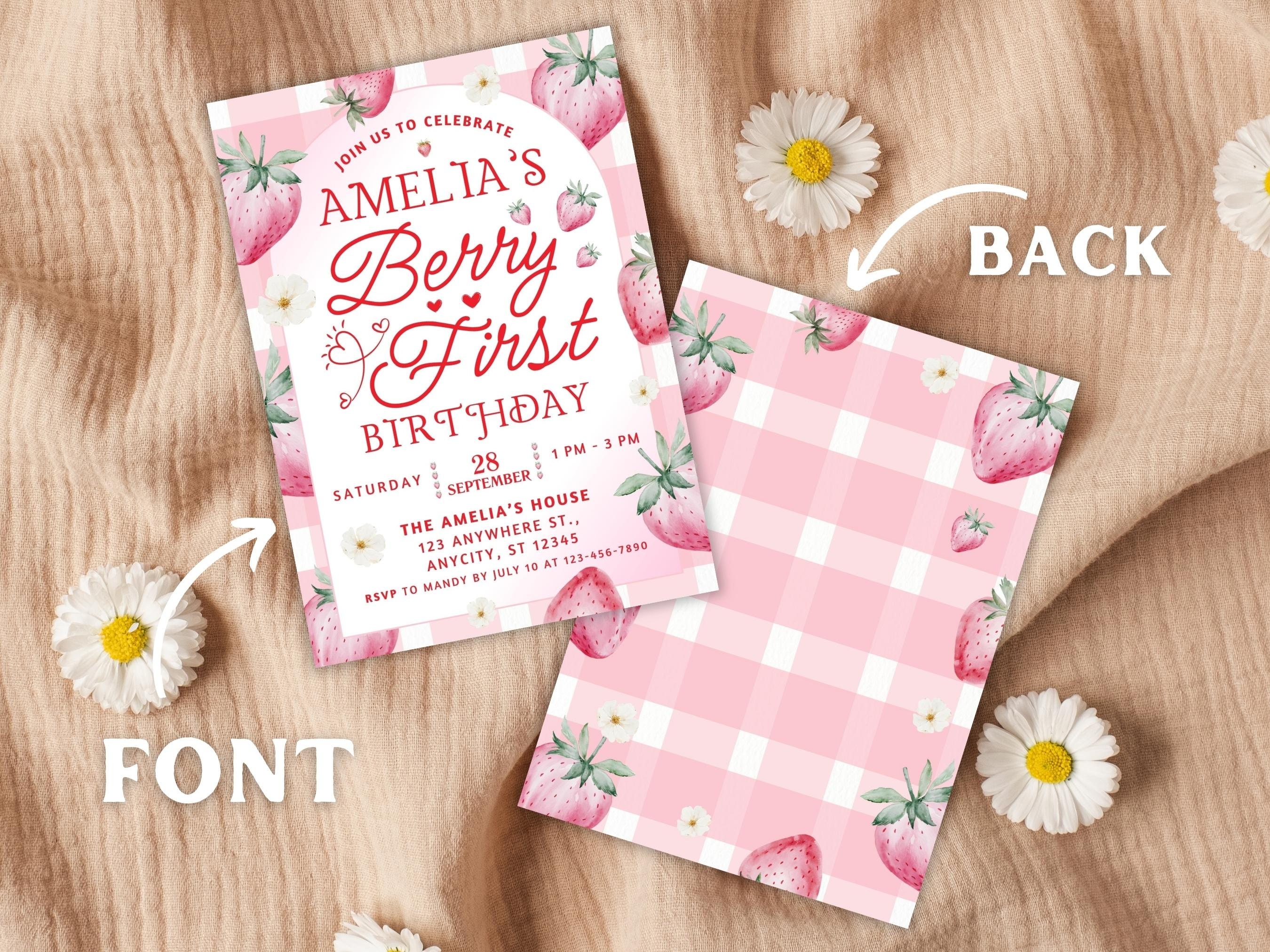 Berry First Birthday Invitation Template Canva Editable Strawberry 1st ...