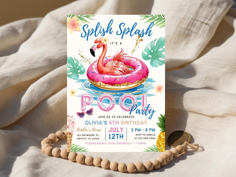 Pink Pool Party Invitation Template Flamingo Pool Birthday Party Invite ...