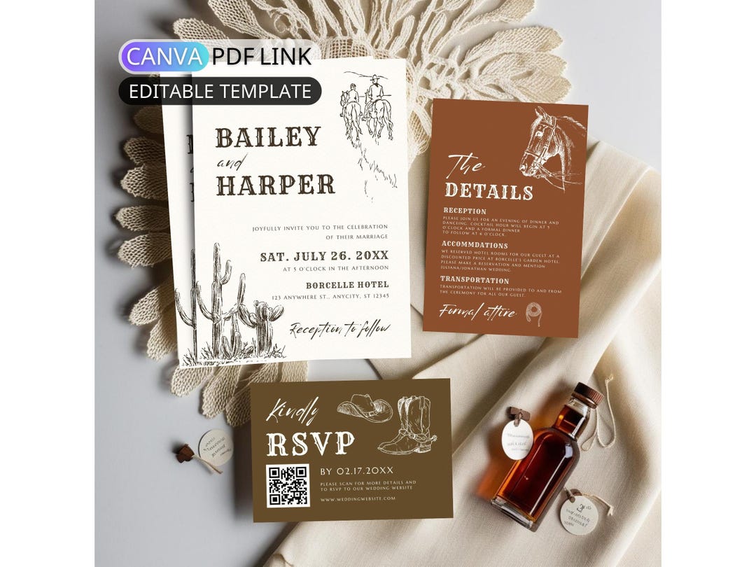 Rustic Western Wedding Invitation Suite Template, Desert Wedding Invite ...