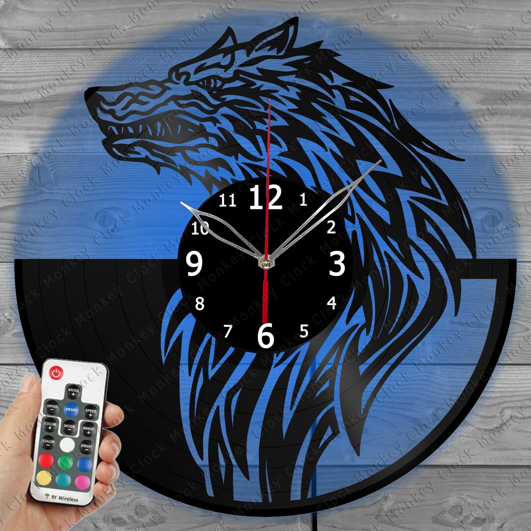 Wolf Clock With LED Light Vinyl Clock Animal Decor Wall Clock Custom ...