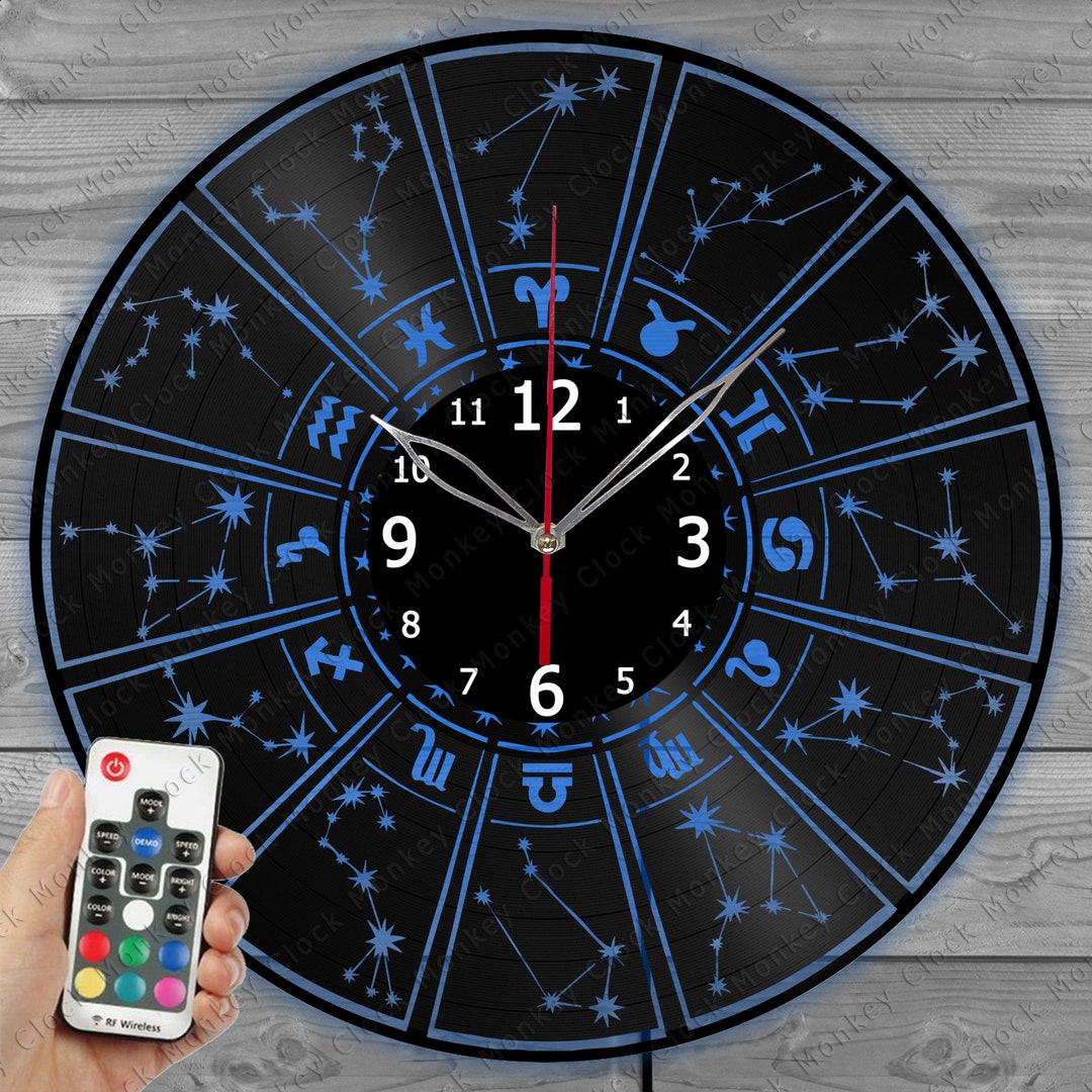 Zodiac Sign Clock With LED Light Vinyl Clock Home Wall Clock Custom ...