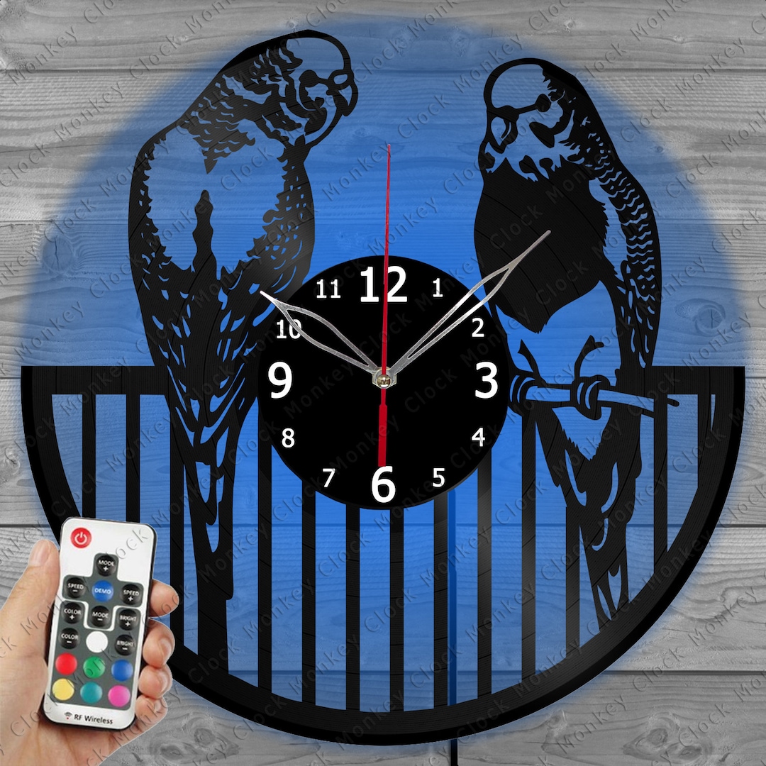 Budgie Clock With LED Light Vinyl Clock Decor Parrot Wall Clock Custom ...