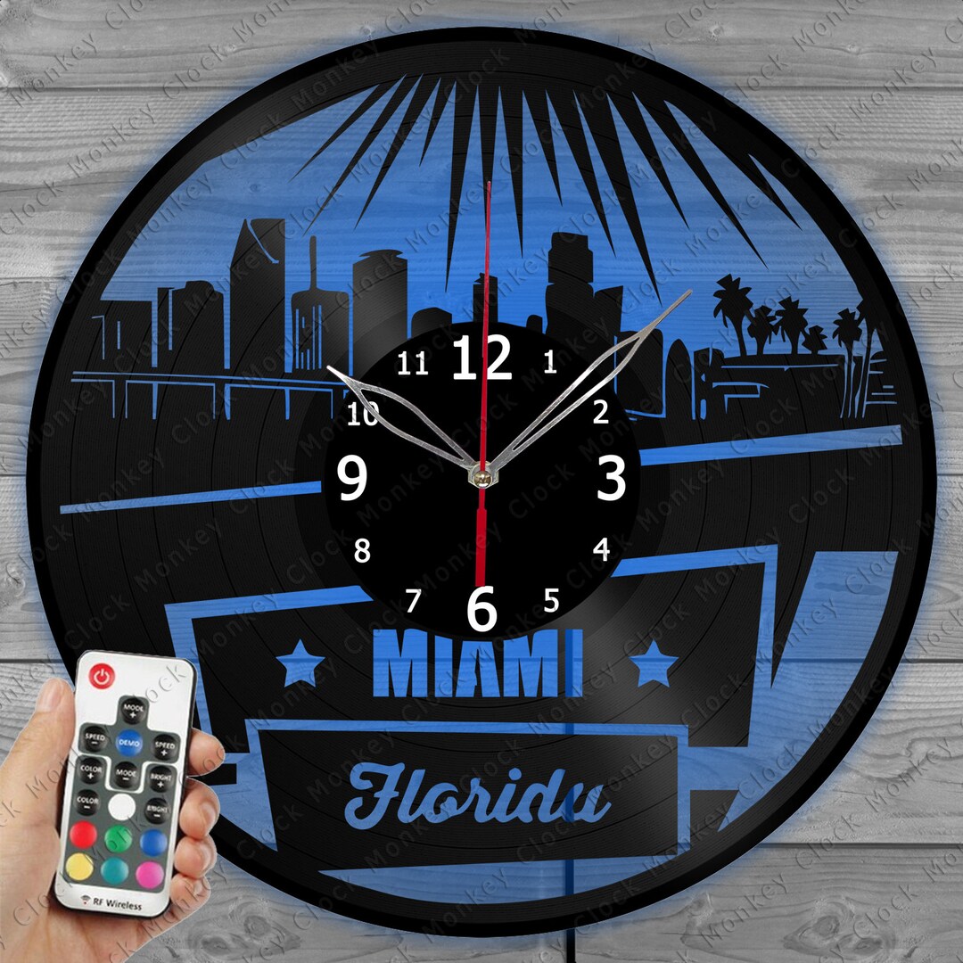 Miami Florida Clock With LED Light Vinyl Clock Art Home Decor City Wall ...