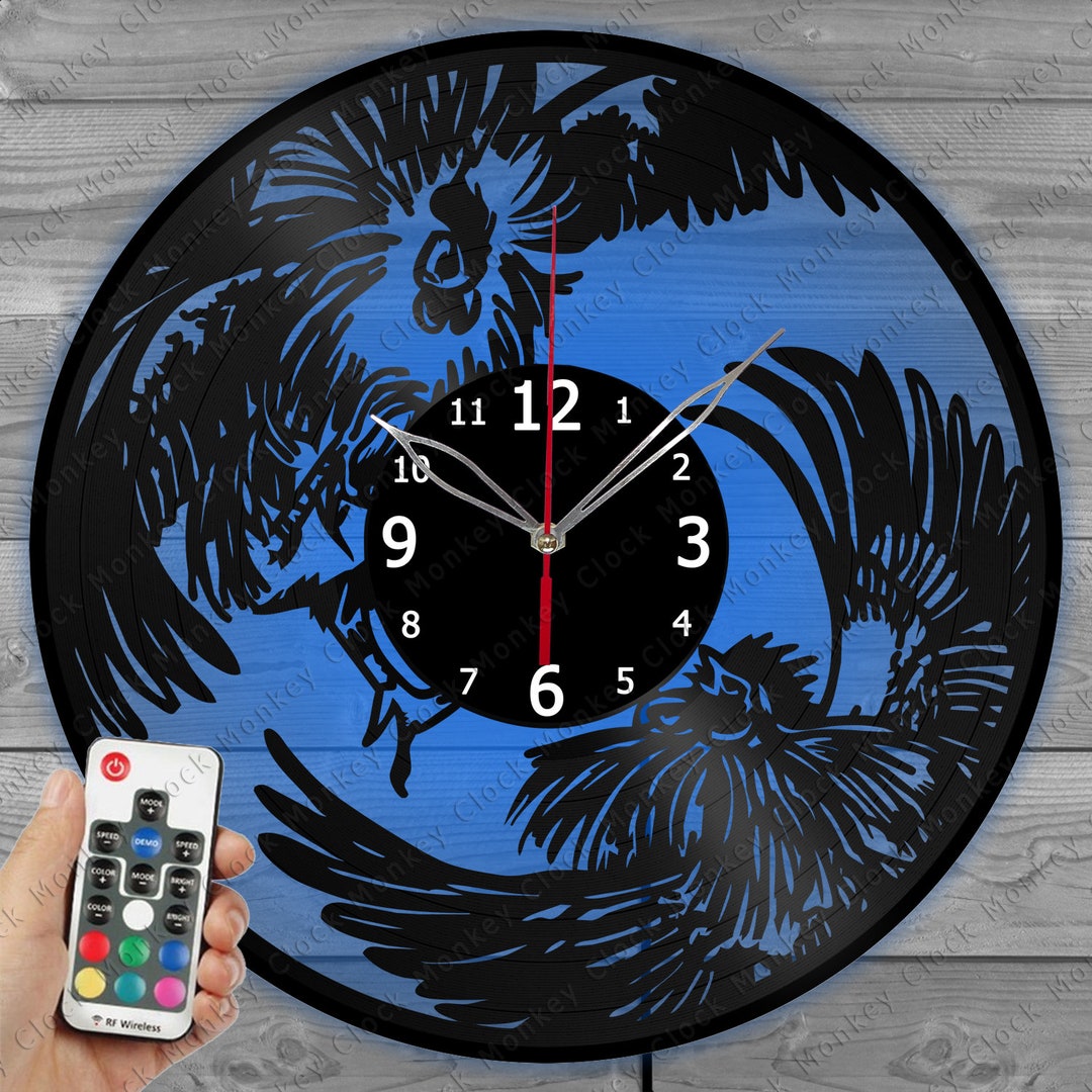 Fighting Rooster Clock With LED Light Vinyl Clock Bird Wall Clock ...