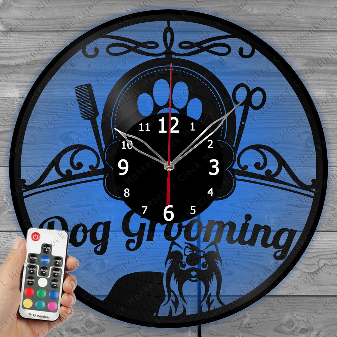 Grooming Salon Clock With LED Light Vinyl Clock Dog Wall Clock Custom ...