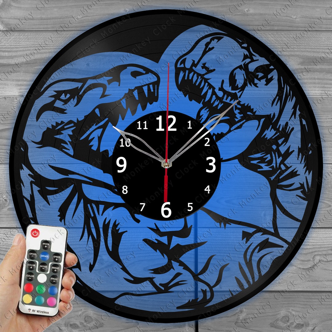 Dinosaurs Clock With LED Light Vinyl Clock Decor Home Wall Clock Custom ...
