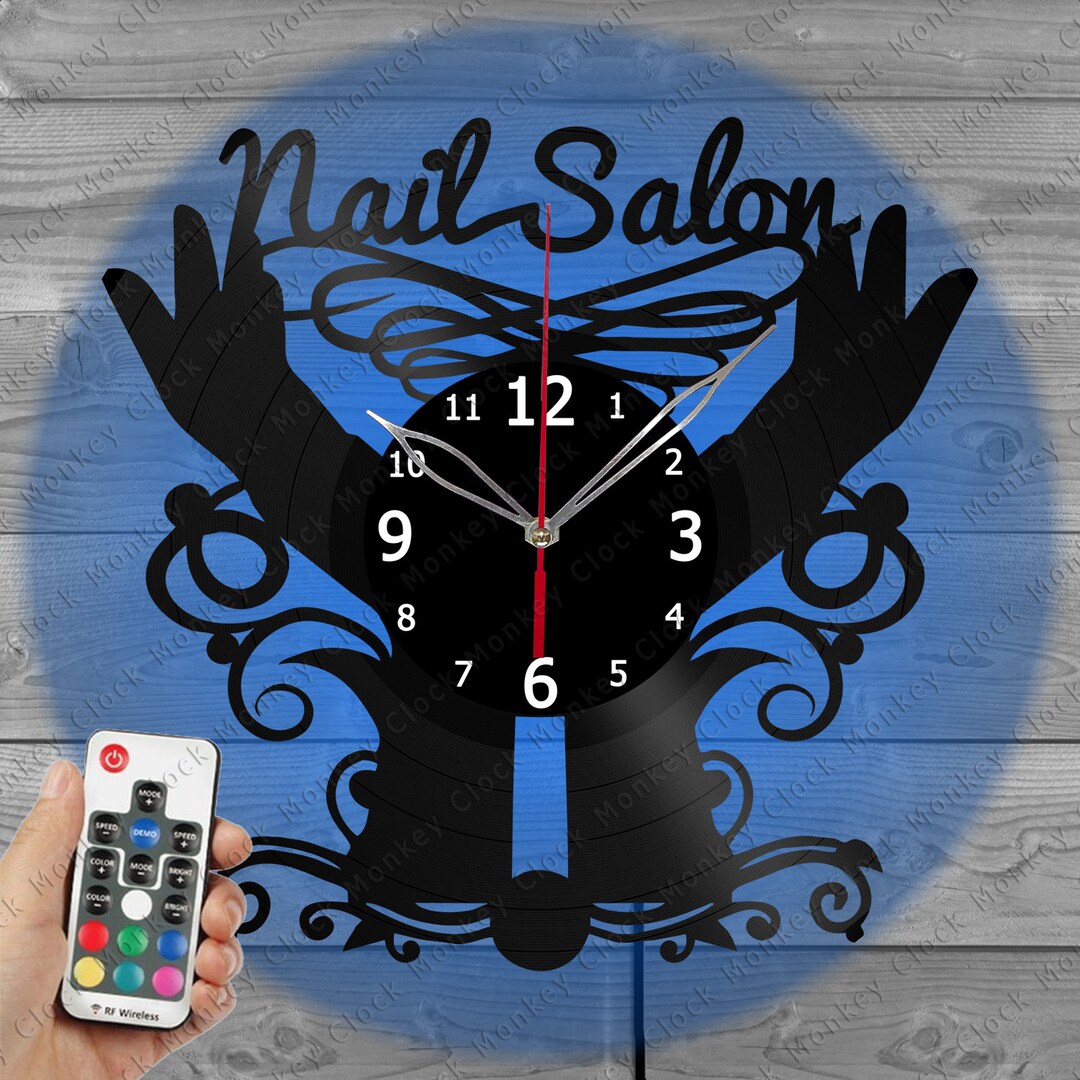 Nail Salon Clock With LED Light Vinyl Clock Art Decor Wall Clock Custom ...