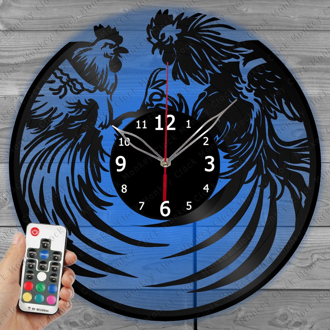 Fighting Rooster Clock With LED Light Vinyl Clock Bird Wall Clock ...