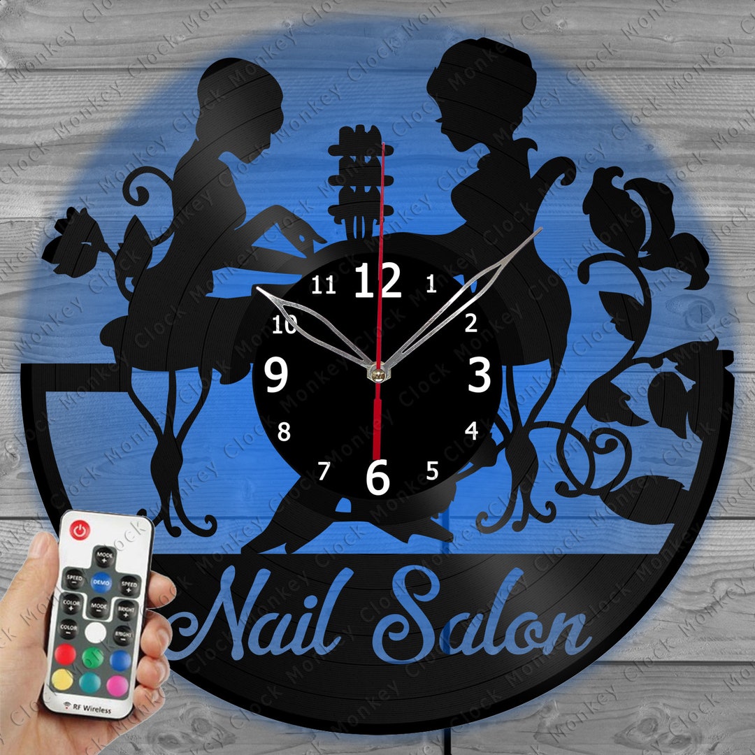 Nail Salon Clock With LED Light Vinyl Clock Art Decor Wall Clock Custom ...