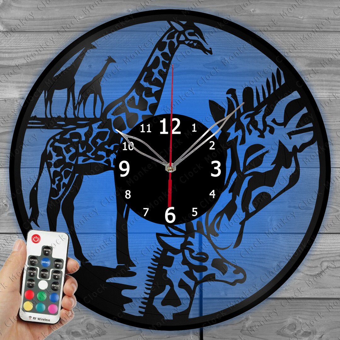 Giraffe Clock With LED Light Vinyl Clock Art Home Wall Clock Custom ...
