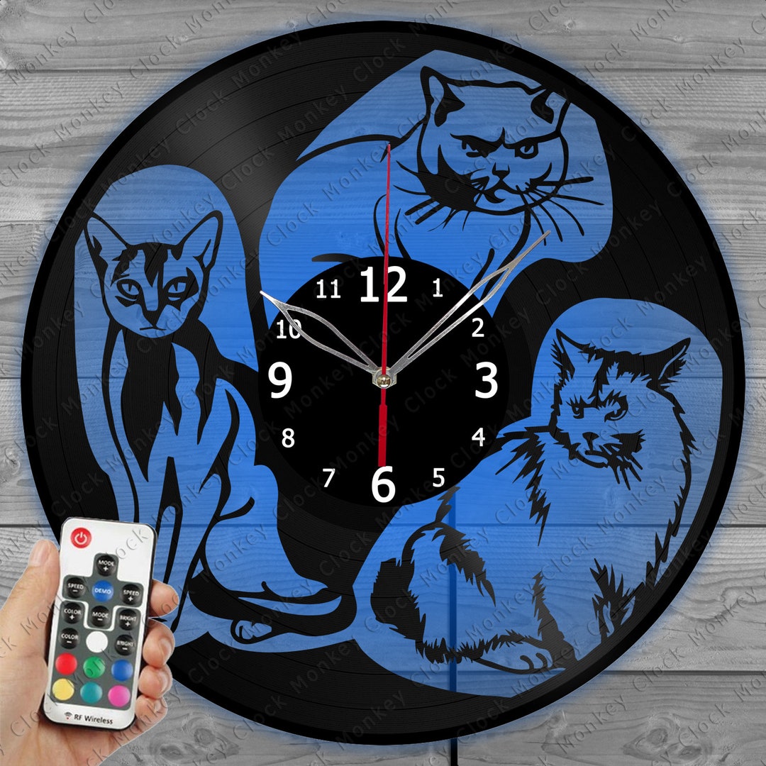 Cats Clock With LED Light Vinyl Clock Home Wall Clock Custom Order ...