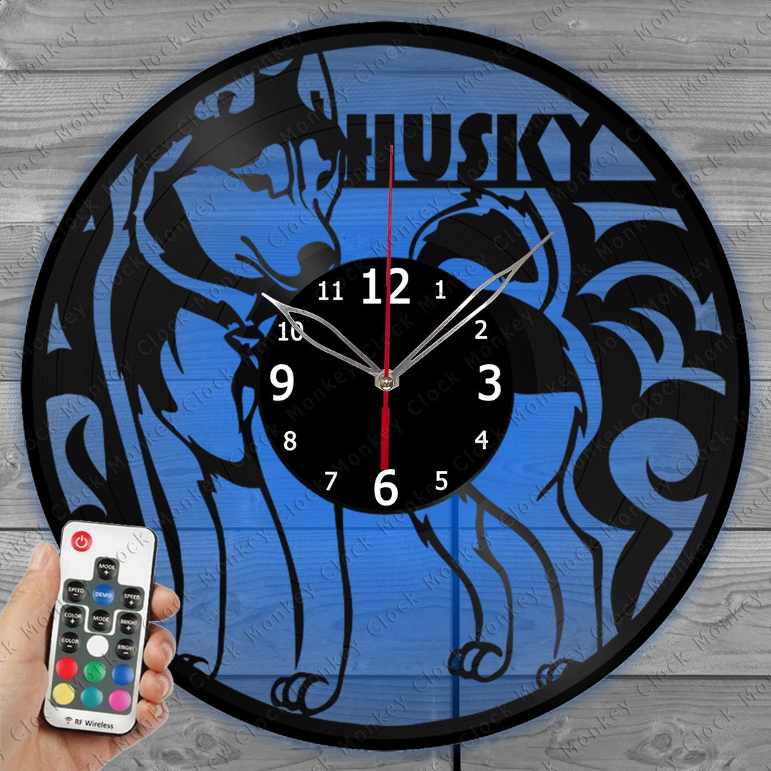 Husky Clock With LED Light Vinyl Clock Decor Home Dog Wall Clock Custom ...