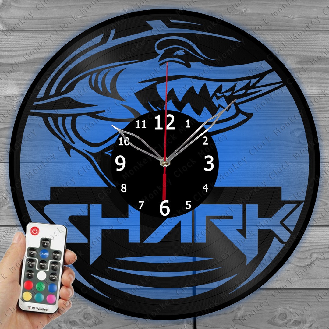 Shark Clock With LED Light Vinyl Clock Decor Home Wall Clock Custom ...